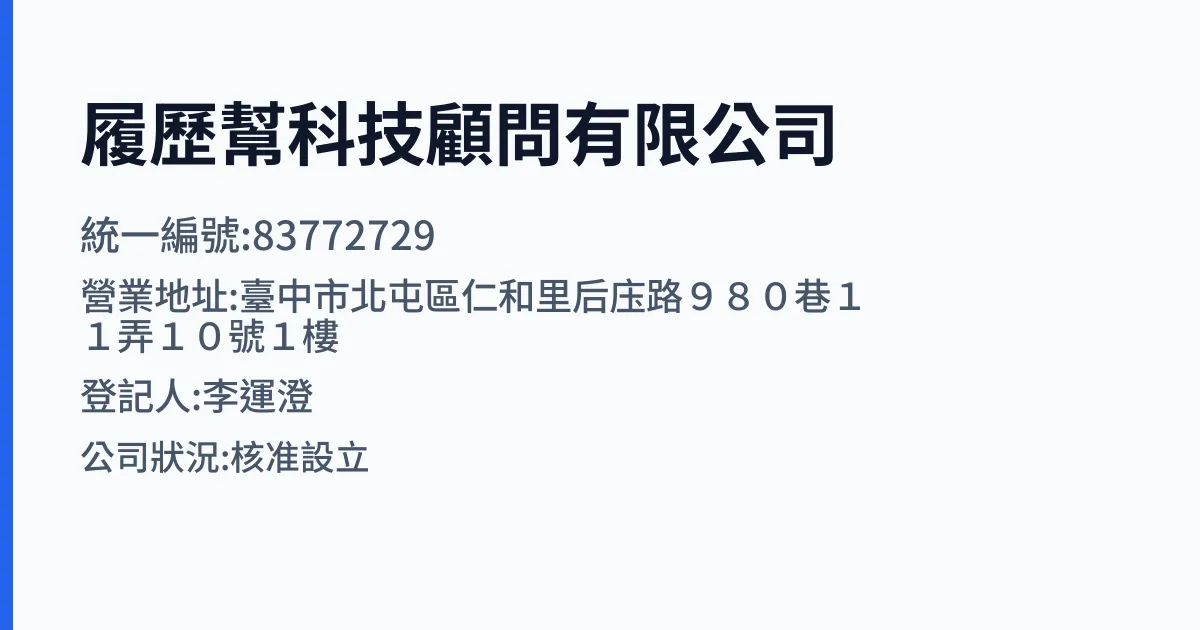 履歷幫科技顧問有限公司 - 統編 83772729(臺中市) 公司登記資料與營業項目詳細圖表