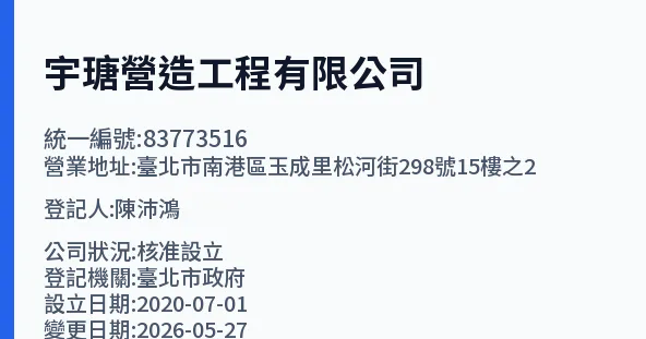 宇瑭營造工程有限公司的照片-統編 83773516(臺北市) 公司登記資料與營業項目詳細圖表