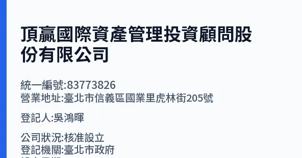 頂贏國際資產管理投資顧問股份有限公司的照片-統編 83773826(臺北市) 公司登記資料與營業項目詳細圖表