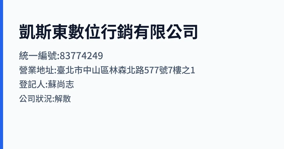 凱斯東數位行銷有限公司 - 統編 83774249(臺北市) 公司登記資料與營業項目詳細圖表