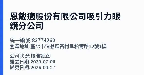 恩戴適股份有限公司吸引力眼鏡分公司的照片-統編 83774260(臺北市) 公司登記資料與營業項目詳細圖表