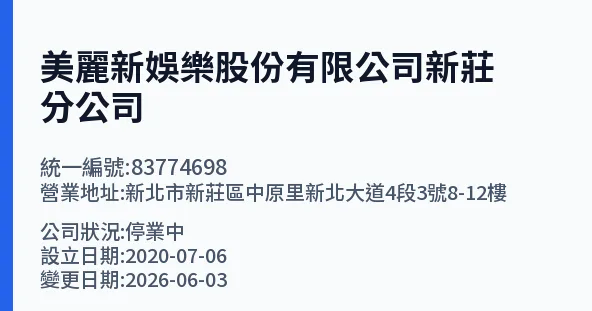 美麗新娛樂股份有限公司新莊分公司的照片-統編 83774698(新北市) 公司登記資料與營業項目詳細圖表