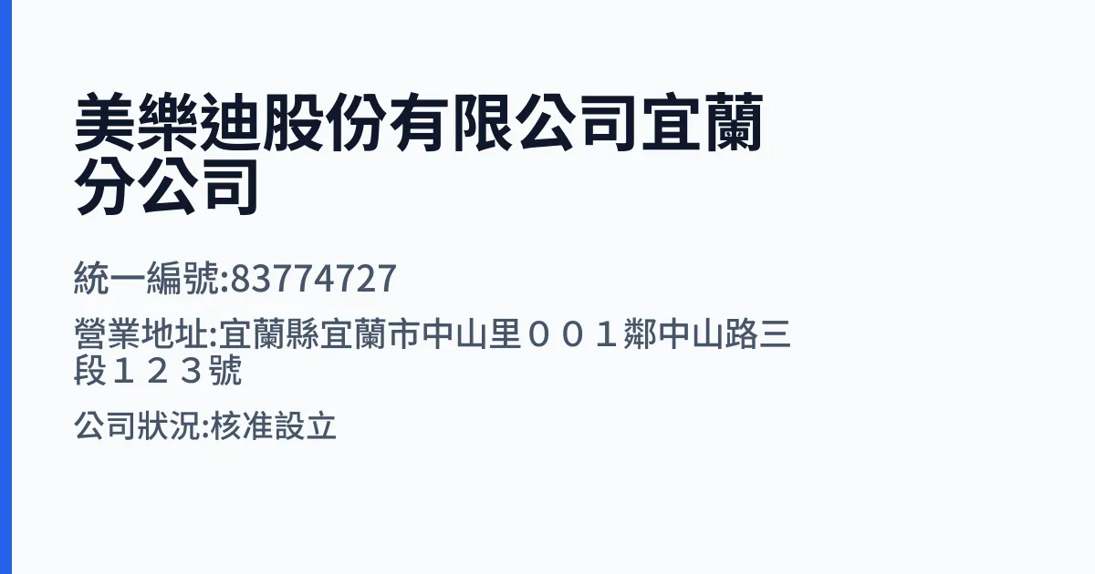 美樂迪股份有限公司宜蘭分公司 - 統編 83774727(宜蘭縣) 公司登記資料與營業項目詳細圖表