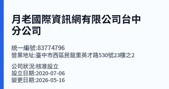 月老國際資訊網有限公司台中分公司的照片-統編 83774796(臺中市) 公司登記資料與營業項目詳細圖表