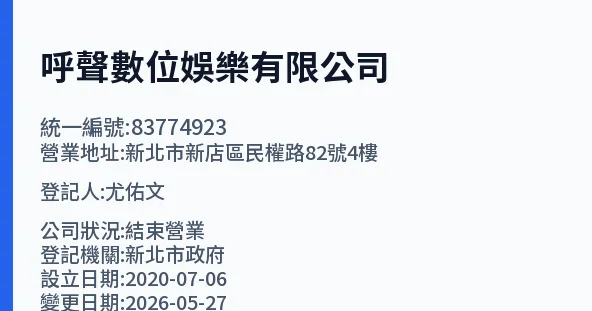 呼聲數位娛樂有限公司的照片-統編 83774923(新北市) 公司登記資料與營業項目詳細圖表