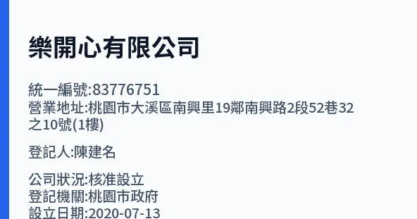 樂開心有限公司的照片-統編 83776751(桃園市) 公司登記資料與營業項目詳細圖表