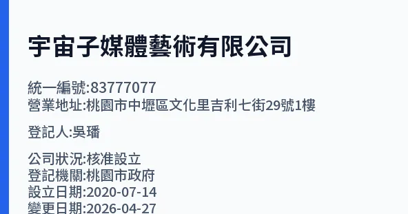 宇宙子媒體藝術有限公司的照片-統編 83777077(桃園市) 公司登記資料與營業項目詳細圖表
