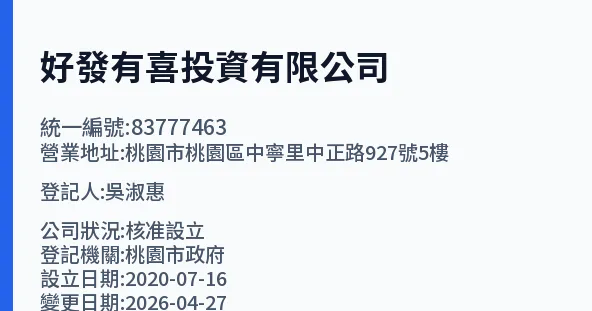 好發有喜投資有限公司的照片-統編 83777463(桃園市) 公司登記資料與營業項目詳細圖表