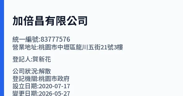 加倍昌有限公司的照片-統編 83777576(桃園市) 公司登記資料與營業項目詳細圖表