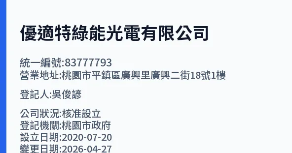 優適特綠能光電有限公司的照片-統編 83777793(桃園市) 公司登記資料與營業項目詳細圖表