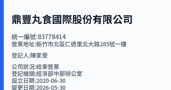 鼎豐丸食國際股份有限公司的照片-統編 83778414(新竹市) 公司登記資料與營業項目詳細圖表