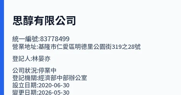 思醇有限公司的照片-統編 83778499(基隆市) 公司登記資料與營業項目詳細圖表