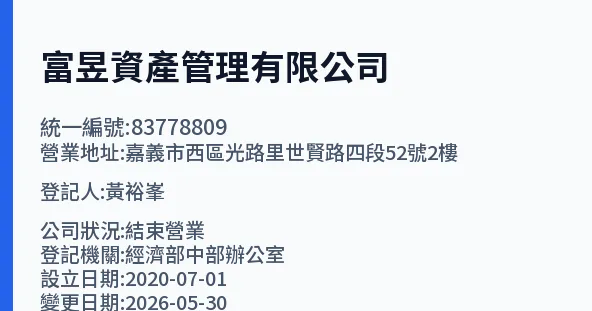 富昱資產管理有限公司的照片-統編 83778809(嘉義市) 公司登記資料與營業項目詳細圖表