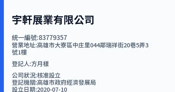 宇軒展業有限公司的照片-統編 83779357(高雄市) 公司登記資料與營業項目詳細圖表