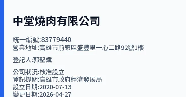 中堂燒肉有限公司的照片-統編 83779440(高雄市) 公司登記資料與營業項目詳細圖表