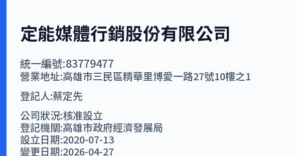 定能媒體行銷股份有限公司的照片-統編 83779477(高雄市) 公司登記資料與營業項目詳細圖表