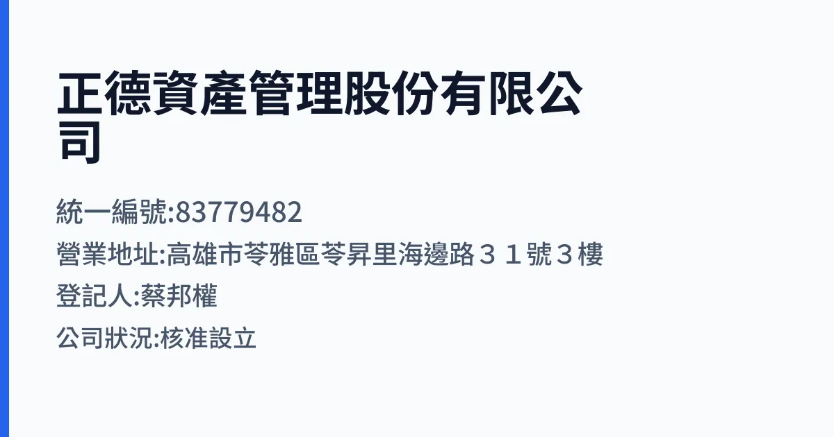 正德資產管理股份有限公司 - 統編 83779482(高雄市) 公司登記資料與營業項目詳細圖表