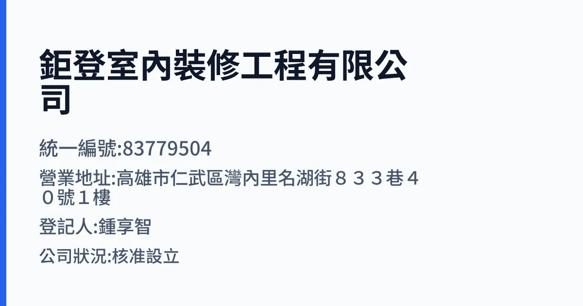 鉅登室內裝修工程有限公司 - 統編 83779504(高雄市) 公司登記資料與營業項目詳細圖表