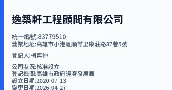 逸築軒工程顧問有限公司的照片-統編 83779510(高雄市) 公司登記資料與營業項目詳細圖表