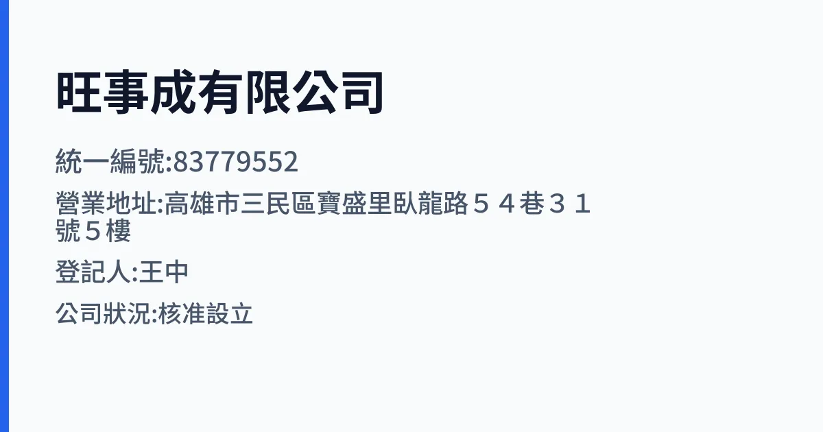 旺事成有限公司 - 統編 83779552（高雄市） 公司登記資料與營業項目詳細圖表