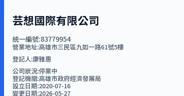 芸想國際有限公司的照片-統編 83779954(高雄市) 公司登記資料與營業項目詳細圖表