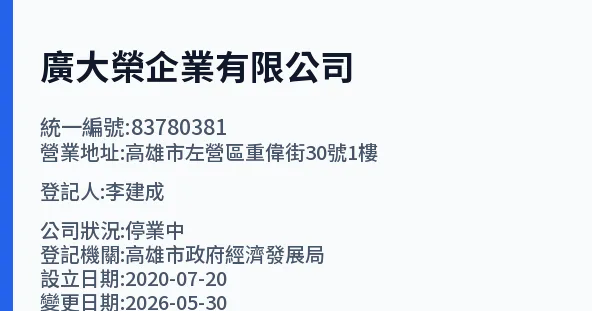 廣大榮企業有限公司的照片-統編 83780381(高雄市) 公司登記資料與營業項目詳細圖表