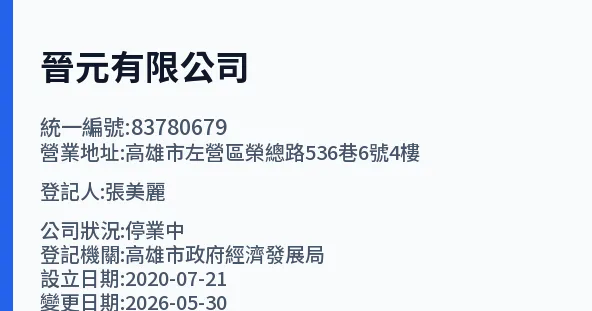 晉元有限公司的照片-統編 83780679(高雄市) 公司登記資料與營業項目詳細圖表