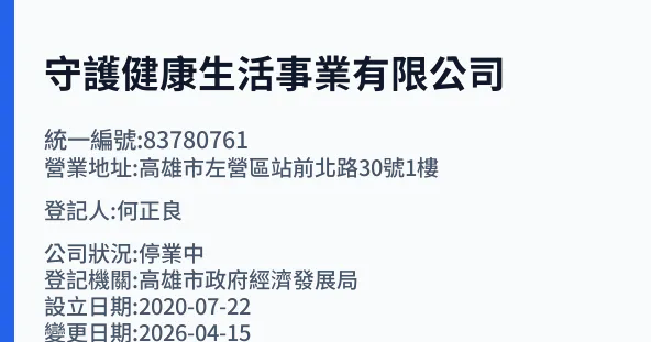 守護健康生活事業有限公司的照片-統編 83780761(高雄市) 公司登記資料與營業項目詳細圖表