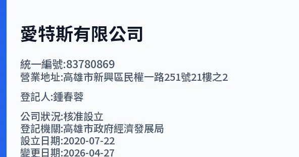 愛特斯有限公司的照片-統編 83780869(高雄市) 公司登記資料與營業項目詳細圖表
