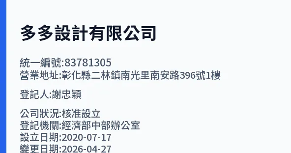 多多設計有限公司的照片-統編 83781305(彰化縣) 公司登記資料與營業項目詳細圖表