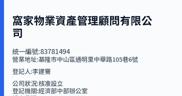 窩家物業資產管理顧問有限公司的照片-統編 83781494(基隆市) 公司登記資料與營業項目詳細圖表
