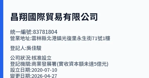 昌翔國際貿易有限公司的照片-統編 83781804(雲林縣) 公司登記資料與營業項目詳細圖表