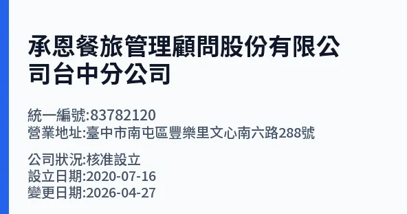 承恩餐旅管理顧問股份有限公司台中分公司的照片-統編 83782120(臺中市) 公司登記資料與營業項目詳細圖表
