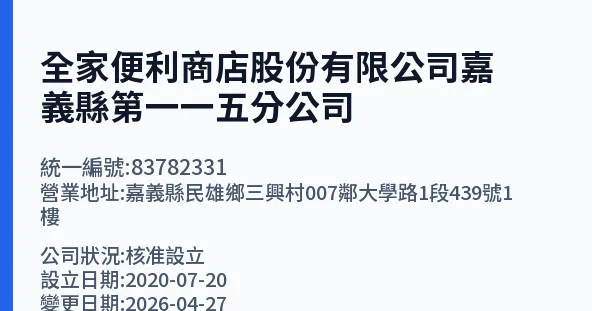 全家便利商店股份有限公司嘉義縣第一一五分公司的照片-統編 83782331(嘉義縣) 公司登記資料與營業項目詳細圖表