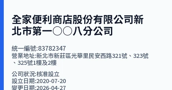 全家便利商店股份有限公司新北市第一○○八分公司的照片-統編 83782347(新北市) 公司登記資料與營業項目詳細圖表