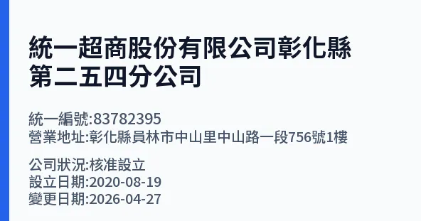 統一超商股份有限公司彰化縣第二五四分公司的照片-統編 83782395(彰化縣) 公司登記資料與營業項目詳細圖表