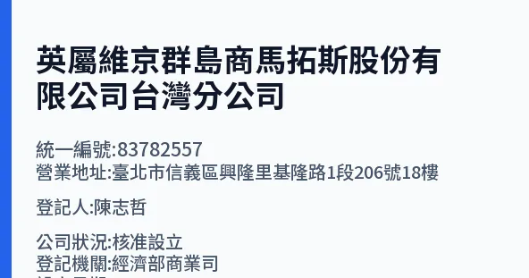 英屬維京群島商馬拓斯股份有限公司台灣分公司的照片-統編 83782557(臺北市) 公司登記資料與營業項目詳細圖表