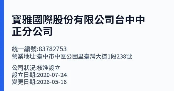 寶雅國際股份有限公司台中中正分公司的照片-統編 83782753(臺中市) 公司登記資料與營業項目詳細圖表