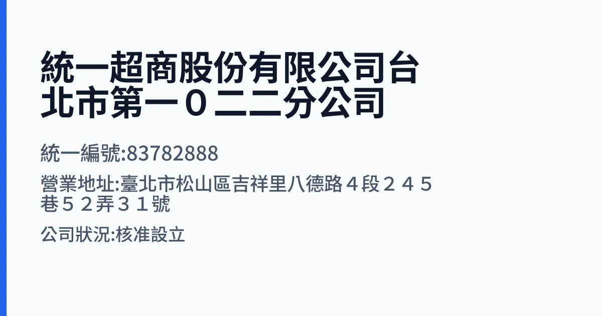 統一超商股份有限公司台北市第一０二二分公司 - 統編 83782888(臺北市) 公司登記資料與營業項目詳細圖表