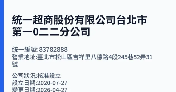 統一超商股份有限公司台北市第一0二二分公司的照片-統編 83782888(臺北市) 公司登記資料與營業項目詳細圖表