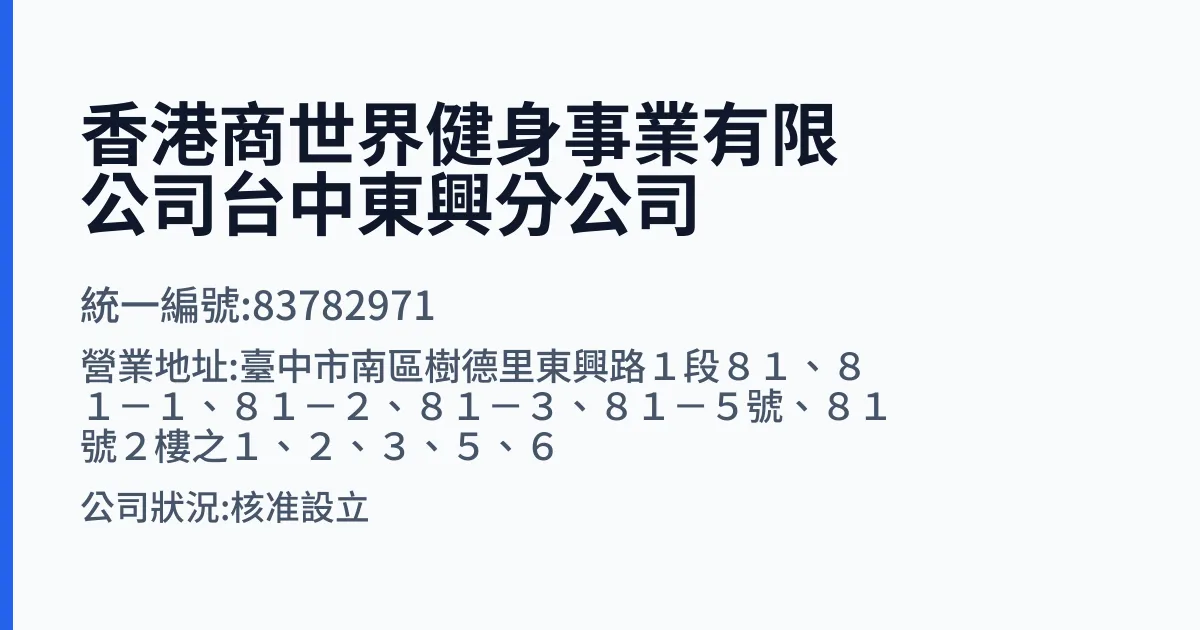 香港商世界健身事業有限公司台中東興分公司 - 統編 83782971(臺中市) 公司登記資料與營業項目詳細圖表