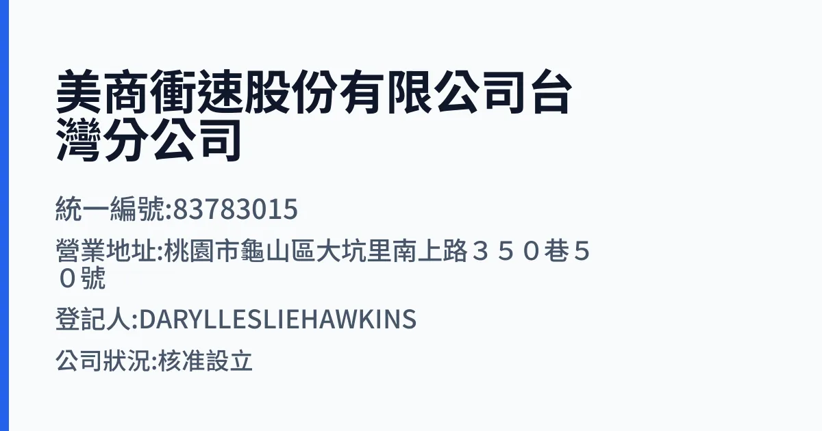 美商衝速股份有限公司台灣分公司 - 統編 83783015(桃園市) 公司登記資料與營業項目詳細圖表