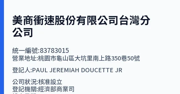 美商衝速股份有限公司台灣分公司的照片-統編 83783015(桃園市) 公司登記資料與營業項目詳細圖表