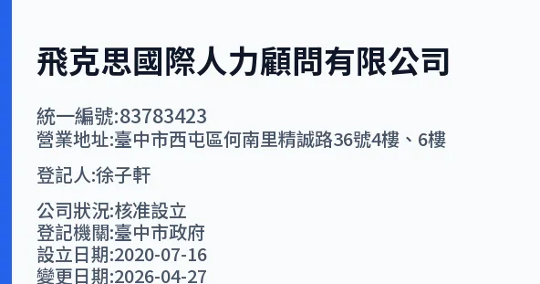 飛克思國際人力顧問有限公司的照片-統編 83783423(臺中市) 公司登記資料與營業項目詳細圖表