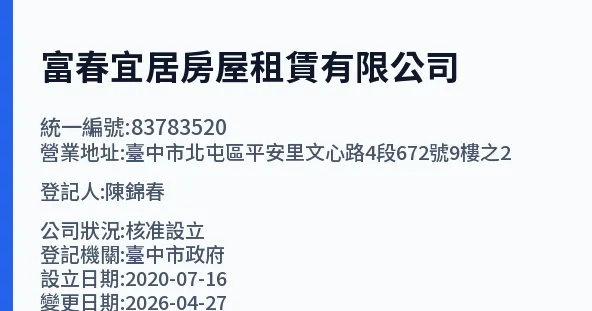 富春宜居房屋租賃有限公司的照片-統編 83783520(臺中市) 公司登記資料與營業項目詳細圖表