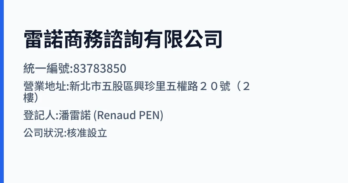 雷諾商務諮詢有限公司 - 統編 83783850(新北市) 公司登記資料與營業項目詳細圖表