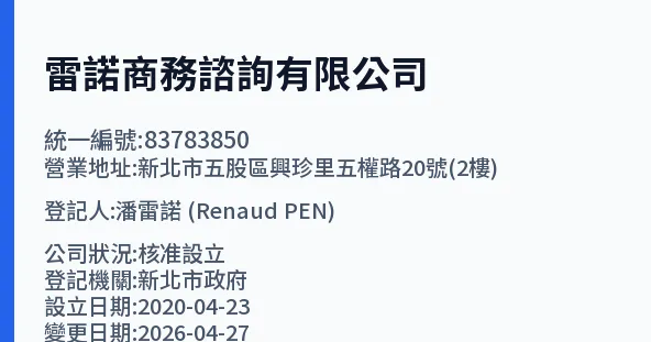 雷諾商務諮詢有限公司的照片-統編 83783850(新北市) 公司登記資料與營業項目詳細圖表