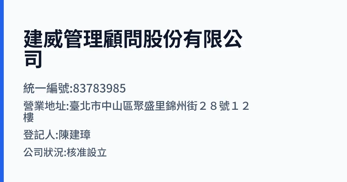 建威管理顧問股份有限公司 - 統編 83783985(臺北市) 公司登記資料與營業項目詳細圖表