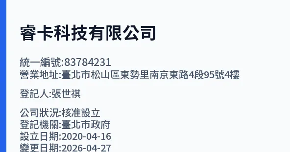 睿卡科技有限公司的照片-統編 83784231(臺北市) 公司登記資料與營業項目詳細圖表