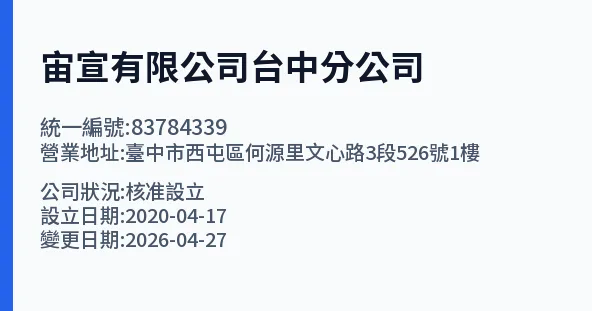 宙宣有限公司台中分公司的照片-統編 83784339(臺中市) 公司登記資料與營業項目詳細圖表